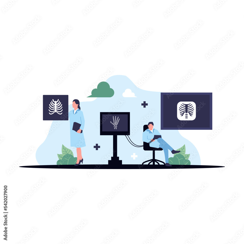 Radiology vector illustration. Flat tiny xray skeleton bones persons ...