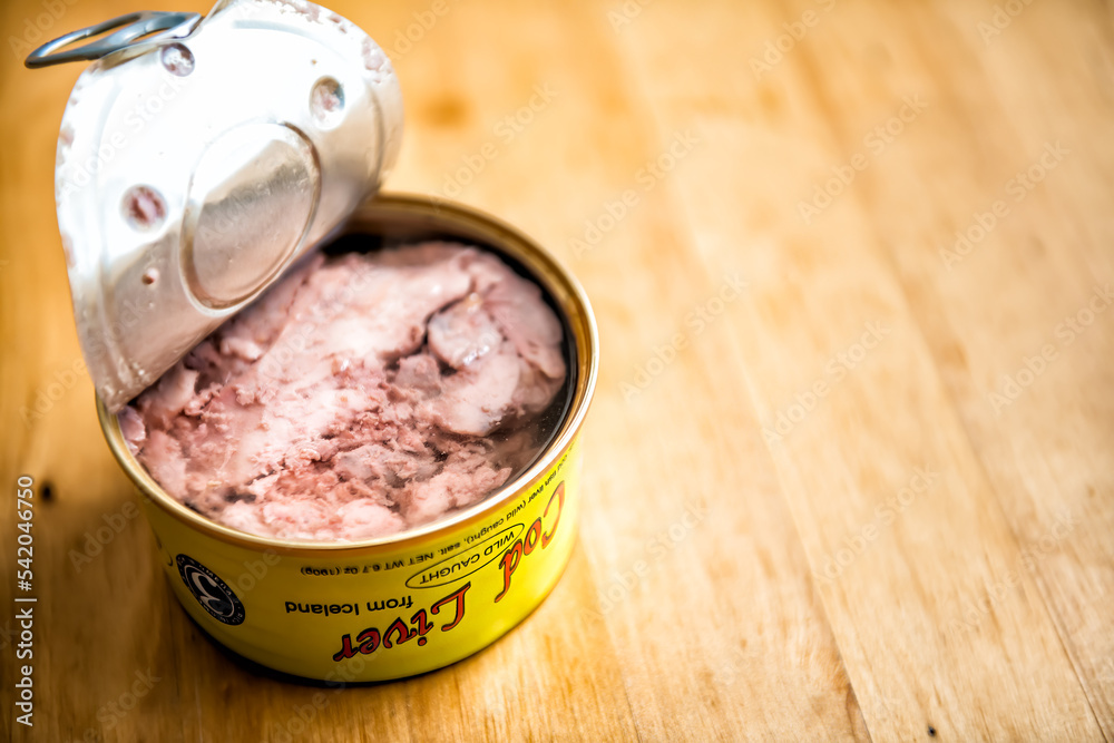 Herndon, USA - December 20, 2020: Storebought traditional canned cod ...