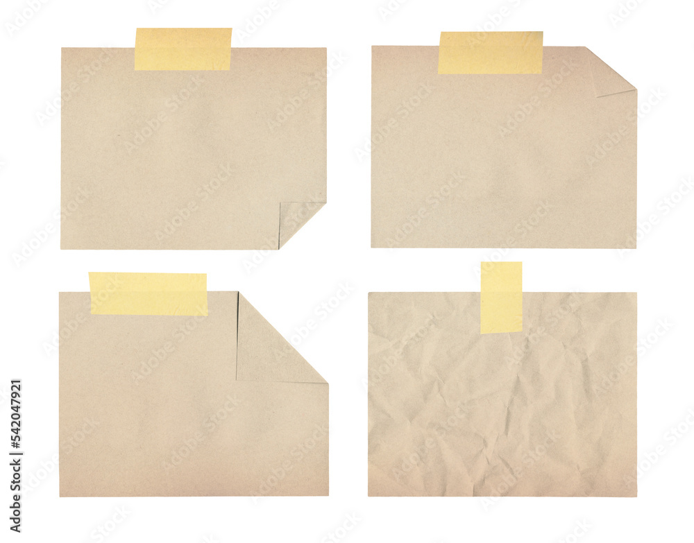 Realistic paper pieces with adhesive tape on transparent background ...