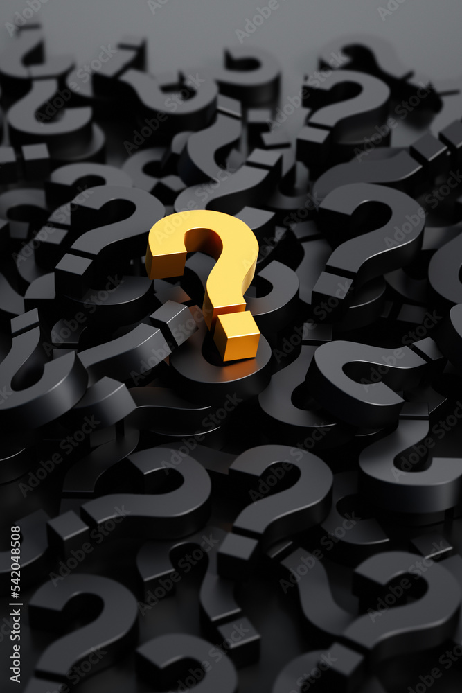Large pile of black question mark symbols, one golden on top - 3D ...