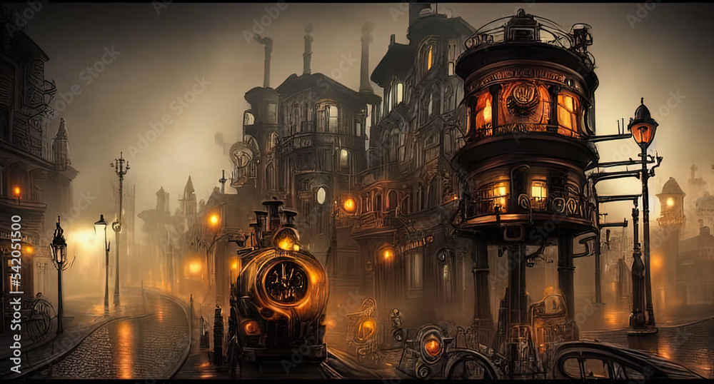 illustration of a steampunk cityscape, illuminated buildings, misty ...