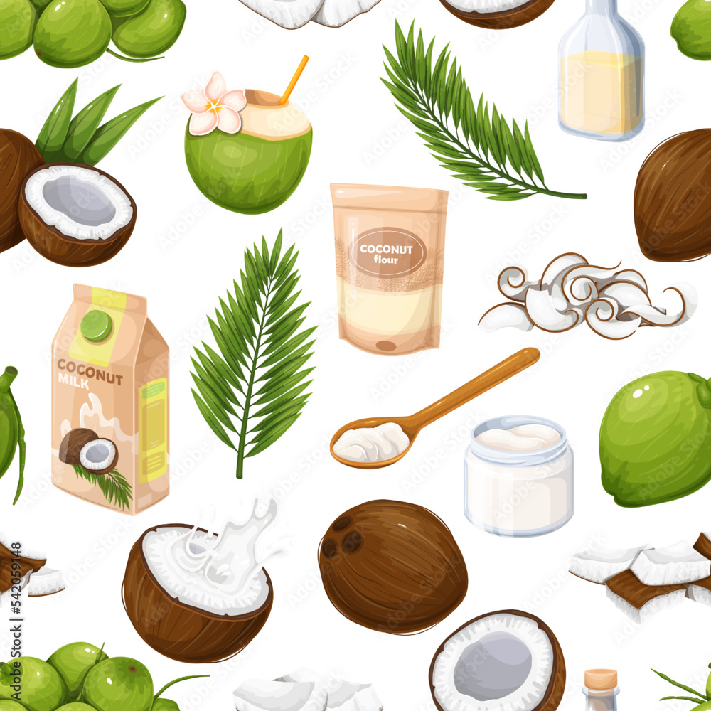 Coconut set seamless pattern vector illustration. Cartoon isolated ...