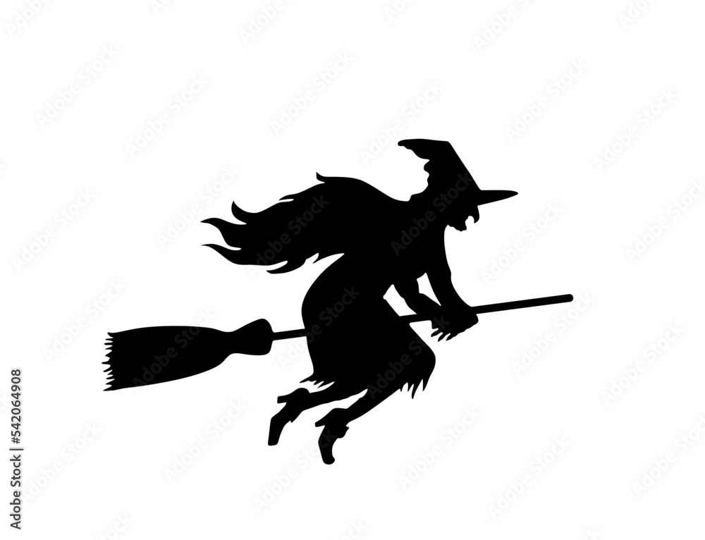 Witch rides a broomstick in flight vector silhouette illustration ...