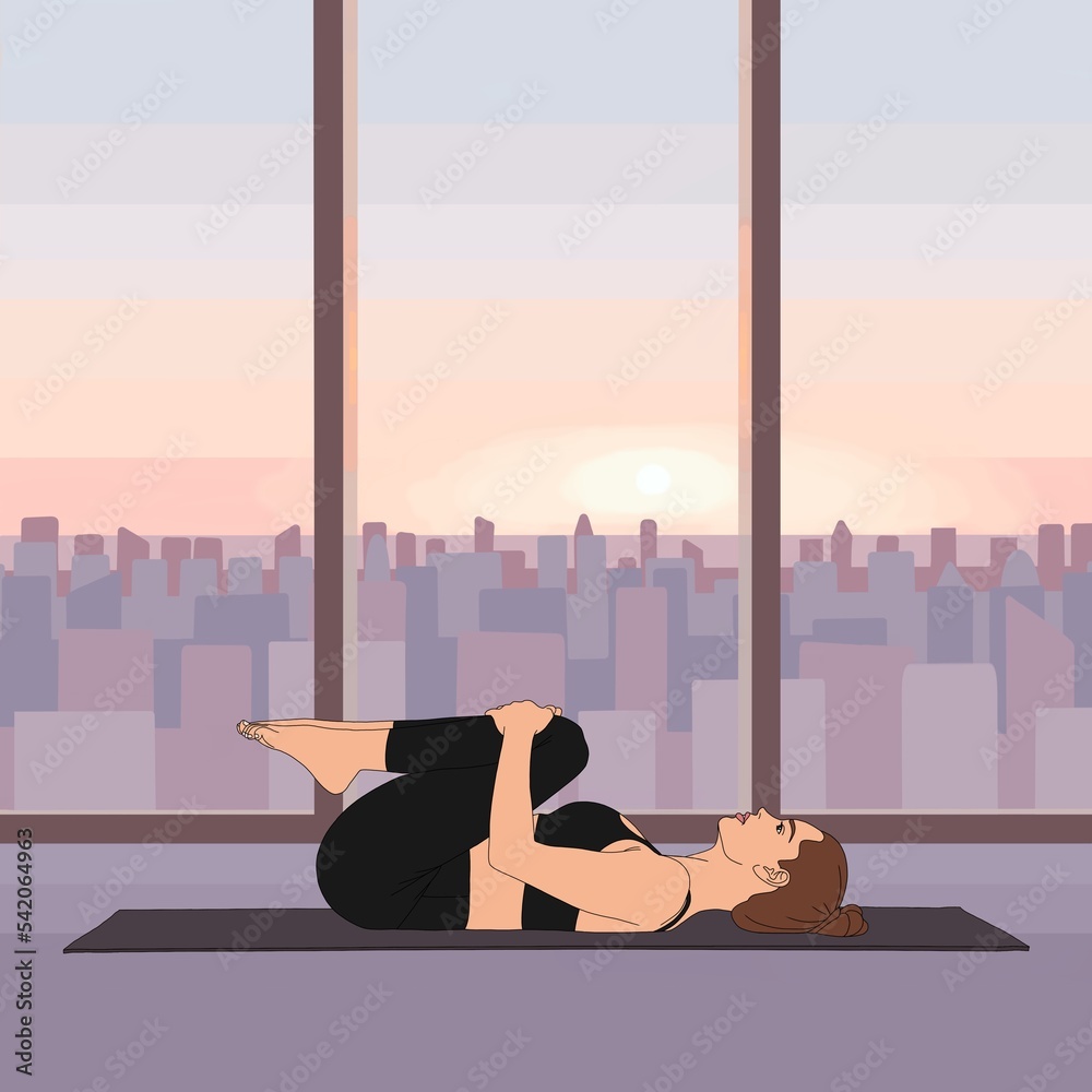 Knees to Chest Pose / Apanasana. Lying woman doing stretch basic yoga ...