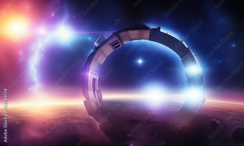 colorful fantasy illustration of sci-fi space station ring ...