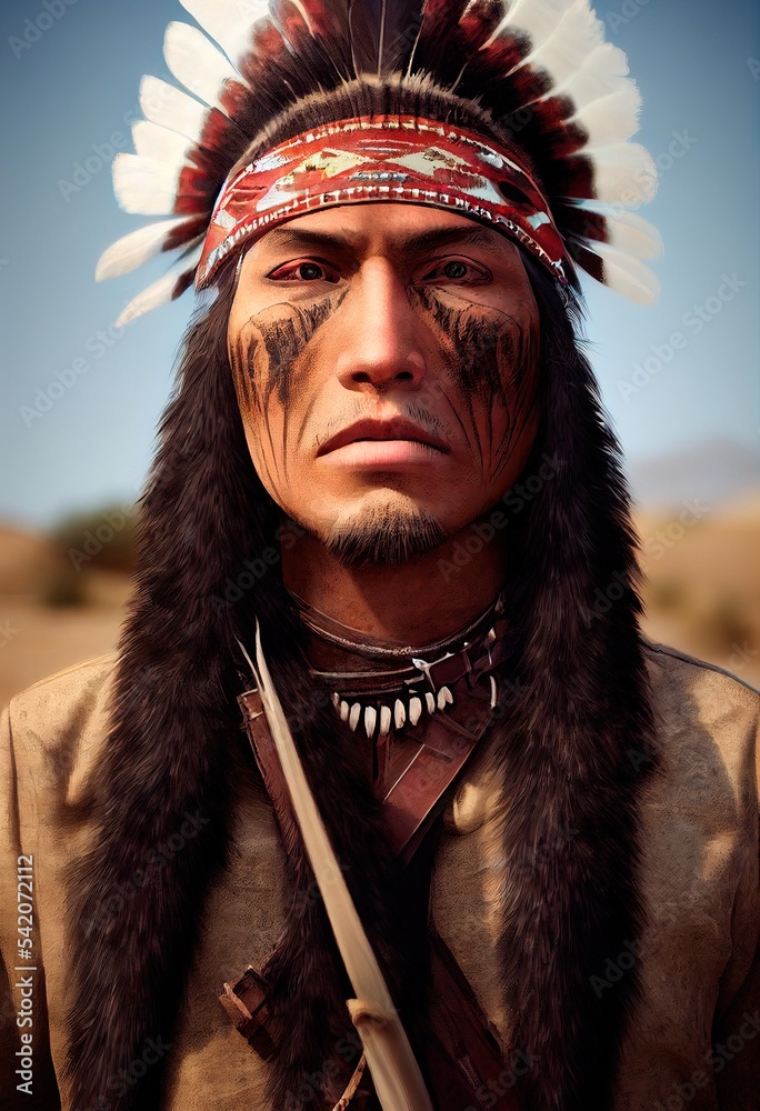 Portrait of a fictional Indian shaman from the Comanche Indian tribe ...