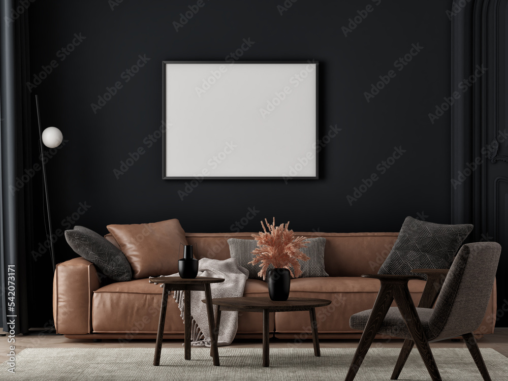 Dark interior space background, living room with mock up poster, 3d ...