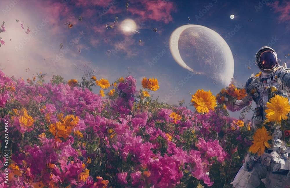 An epic fantastic realism style painting of the most beautiful flowers ...
