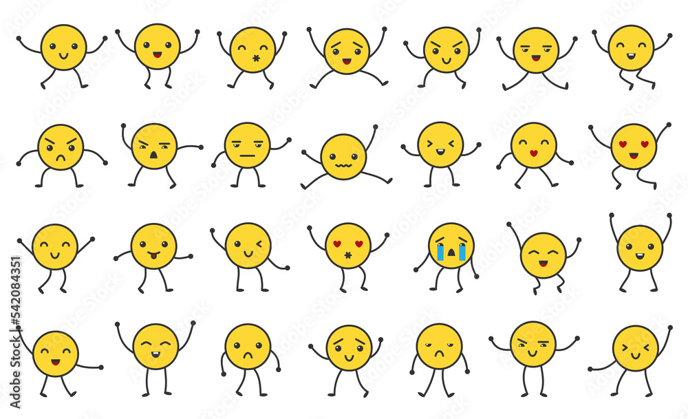 Emoticon human yellow cartoon set. Emoji with hands and legs. Smile ...