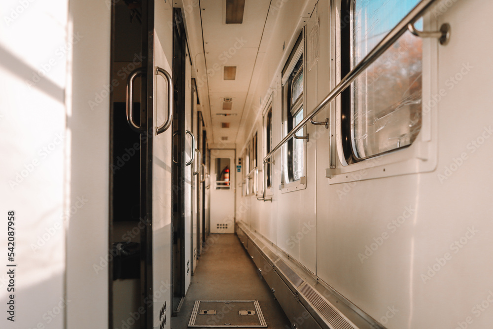 Train wagon inside. Passenger train interior. Comfortable sleeping ...