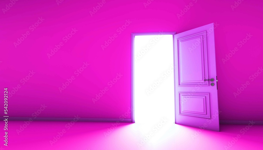 Pink Room with the door open for a sky. Door to heaven. 3D Rendering ...