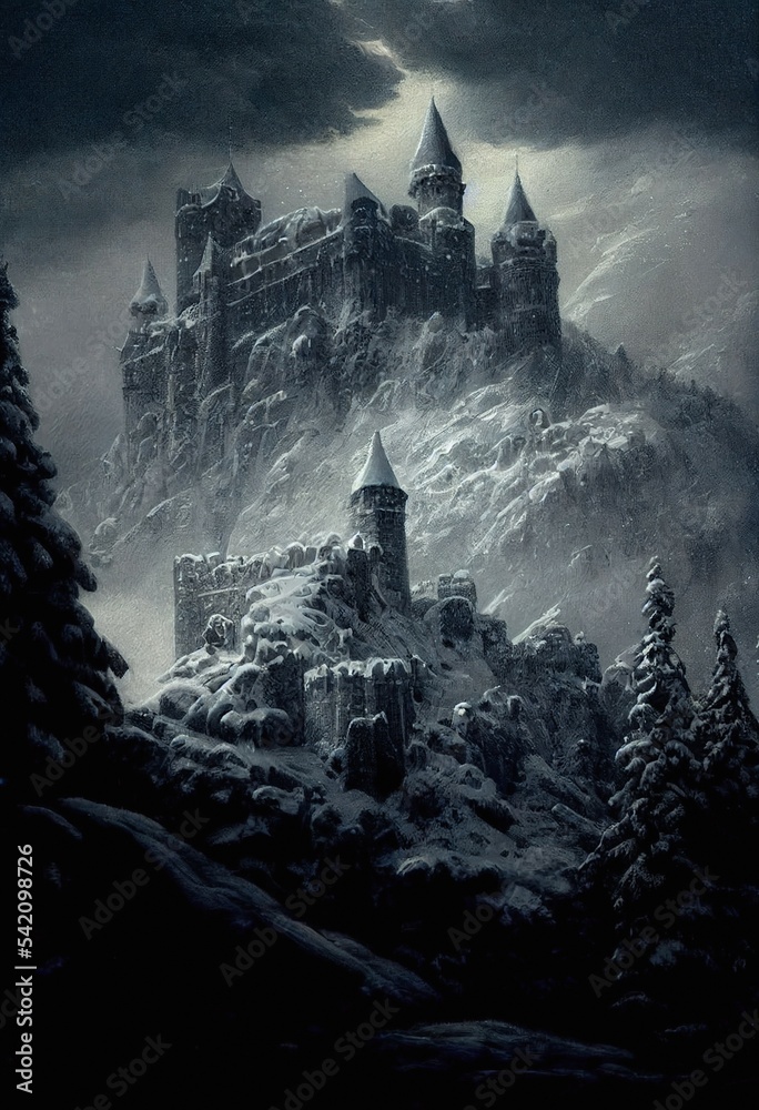 Hyper-realistic magnificent stronghold, castle, in a snowy tundra ...