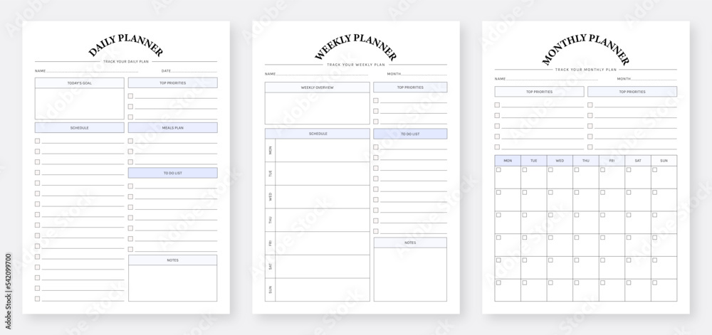 Daily, weekly, monthly planner template. 3 Set of minimalist planners ...