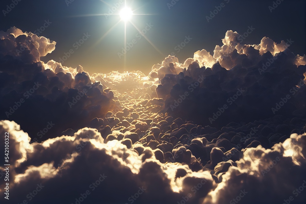 3D rendered computer generated image of heaven. Heavenly light above ...
