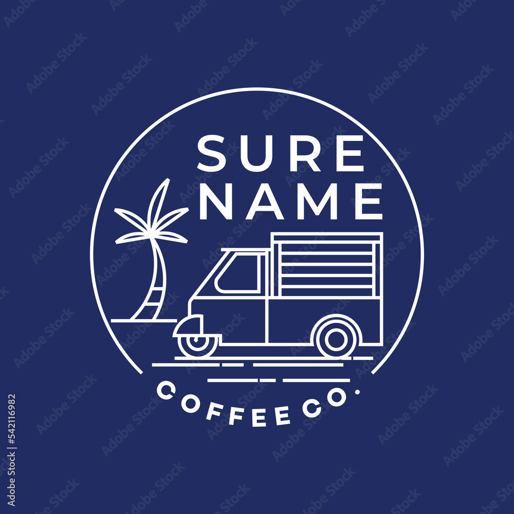 tuk tuk vehicle coffee beach logo with palm illustration custom logo ...