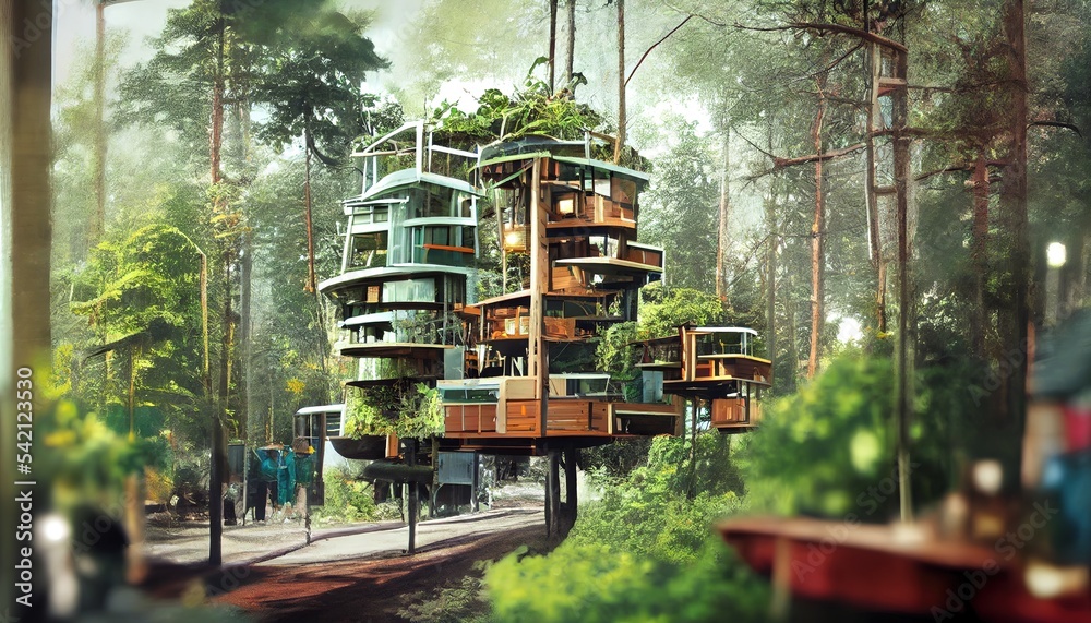 Spectacular concept art of environmental friendly modern treehouse with ...