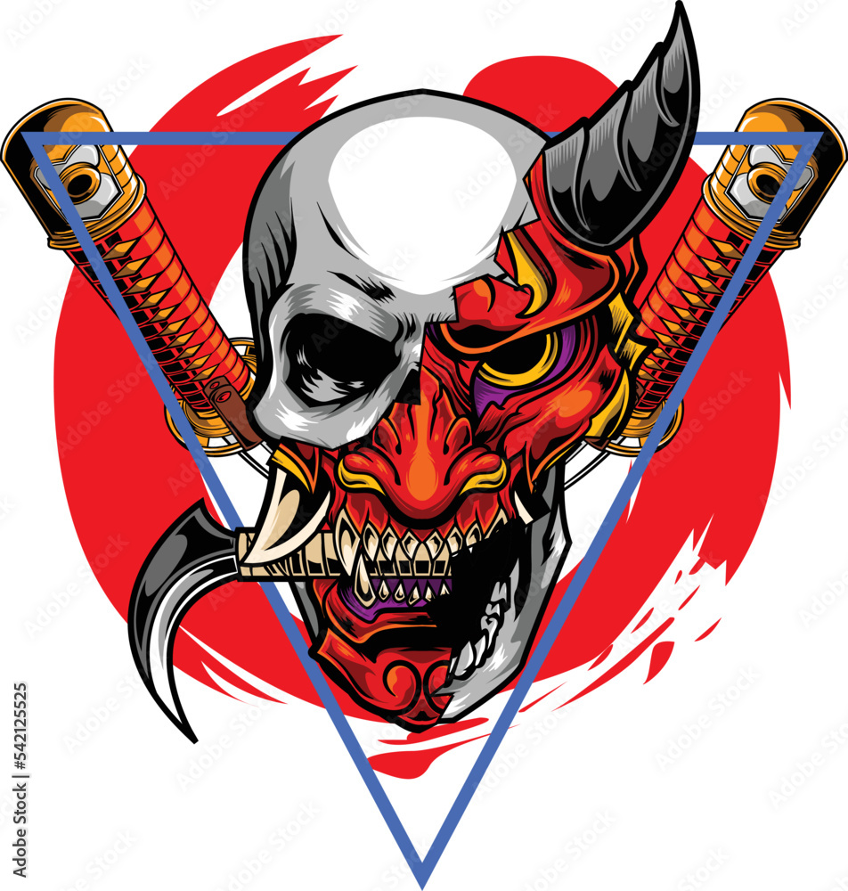 Vector illustration of oni mask and skull with japanese style drawing ...