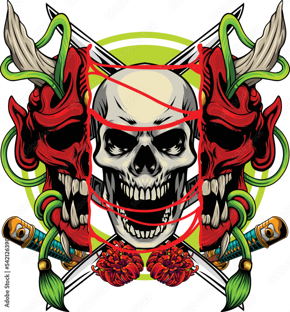 Vector illustration of oni mask and skull with japanese style drawing ...