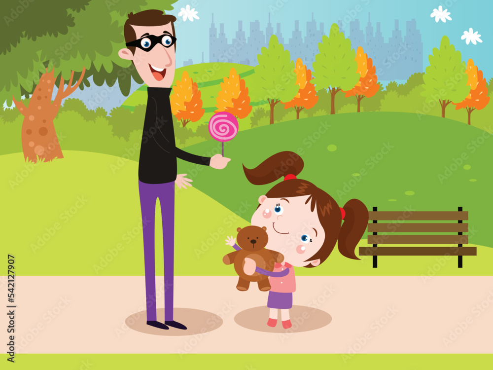 Kidnapping vector concept: Kidnapper giving lollipop to little girl in ...