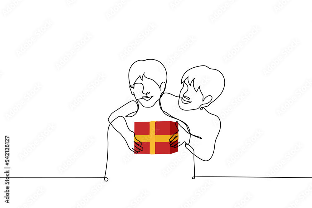 man gives a gift to another man both smile - one line drawing vector ...