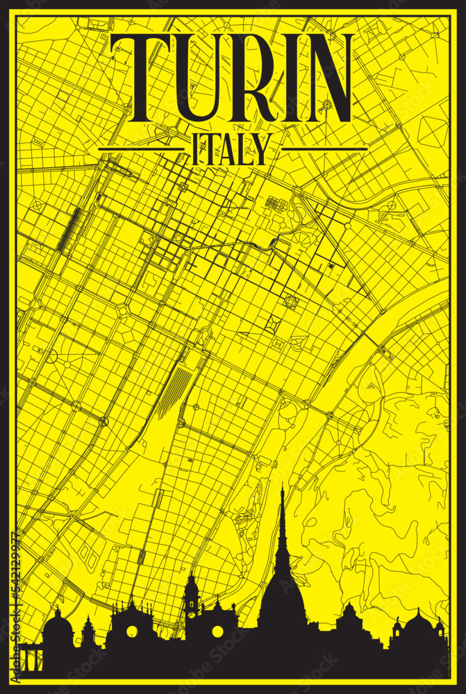 Yellow vintage hand-drawn printout streets network map of the downtown ...