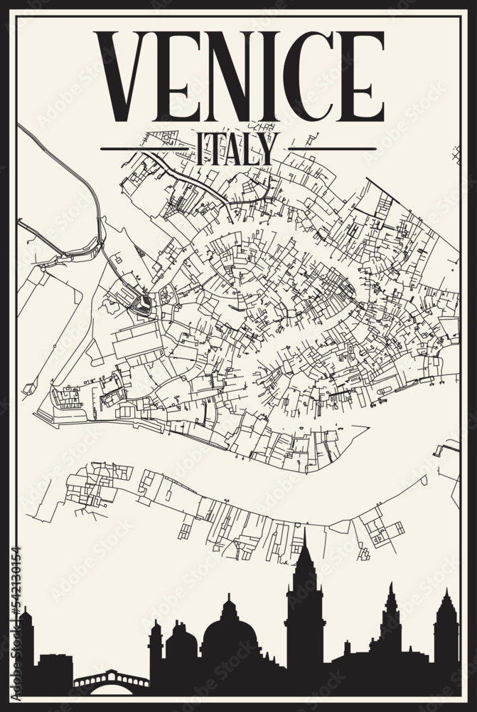 White vintage hand-drawn printout streets network map of the downtown ...