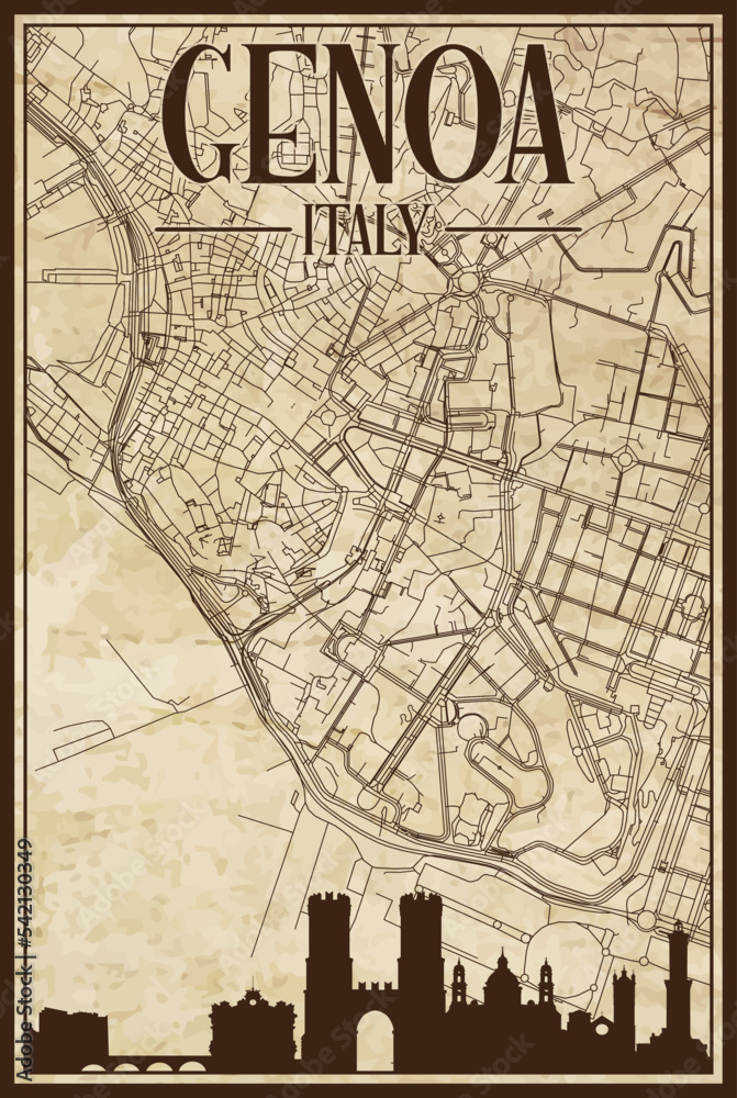 Brown vintage hand-drawn printout streets network map of the downtown ...