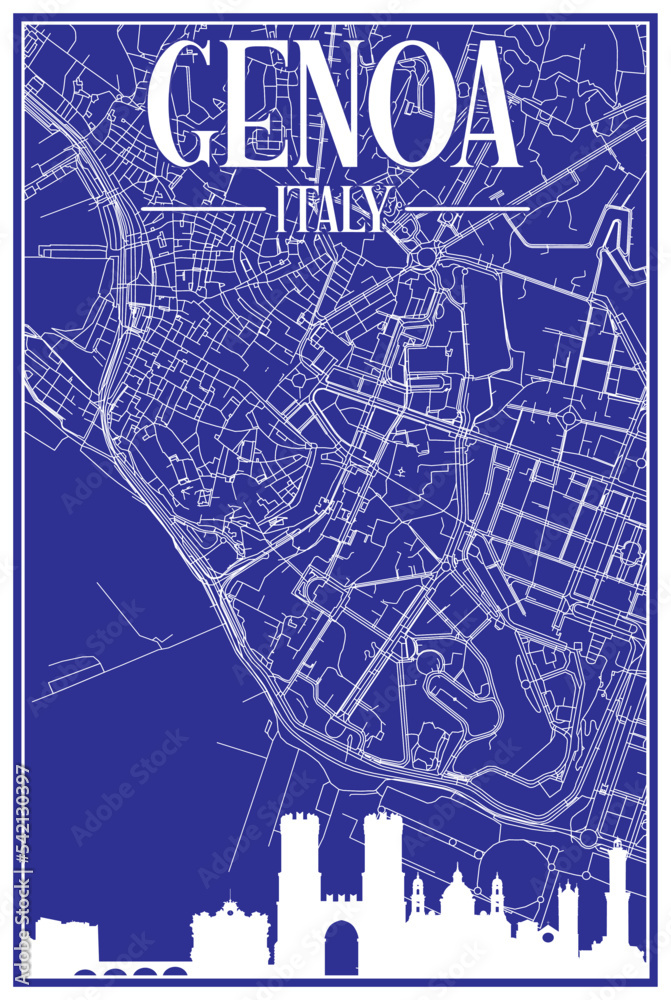 Blue vintage hand-drawn printout streets network map of the downtown ...