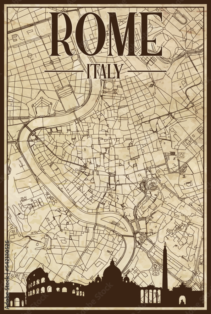 Brown vintage hand-drawn printout streets network map of the downtown ...