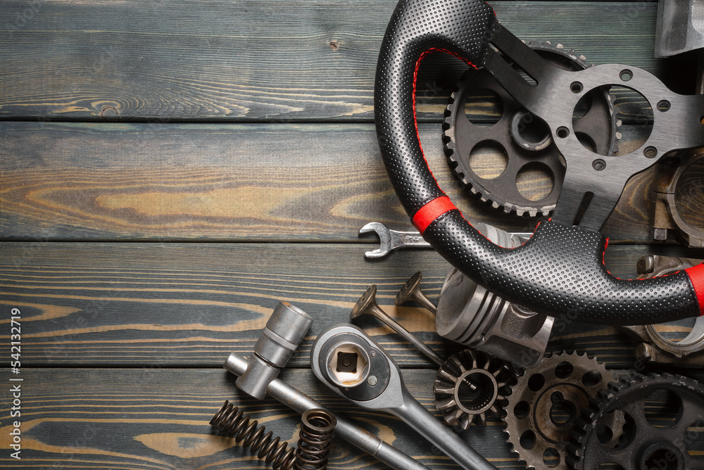 Car spare parts on the workbench flat lay background with copy space ...