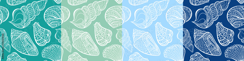 Polynesian shell irregular seamless pattern collection. Zen art conch ...