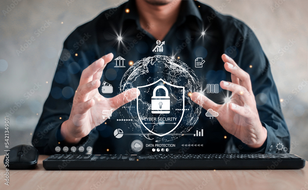 Businessman holding shield protect icon. Protection network security computer and safe your data ...