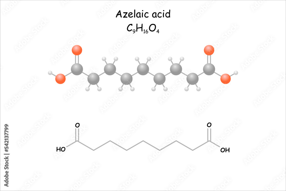 Stylized molecule model/structural formula of azelaic acid. Stock ...