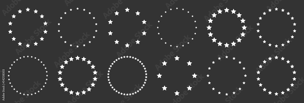 White stars of various sizes arranged in a circle. Round frame, border ...