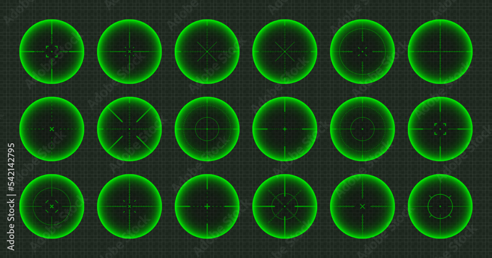 Various weapon night sights, sniper rifle optical scopes. Hunting gun ...
