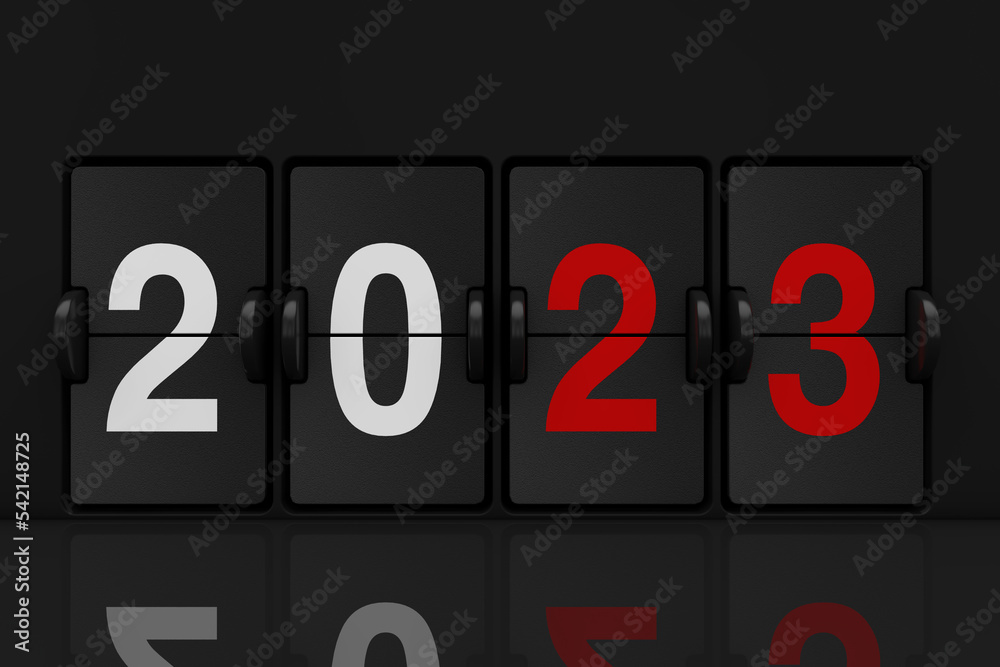 Mechanical Analog Flip Clock Board with 2023 New Year Sign. 3d Rendering Stock Illustration ...