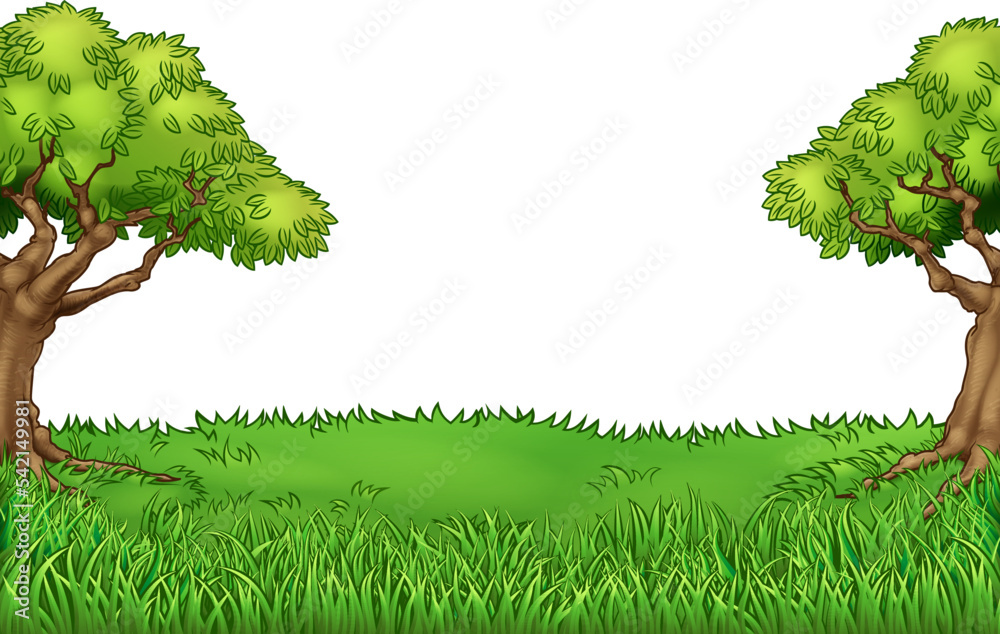 Trees cartoon fairytale landscape grass field background scene Stock ...