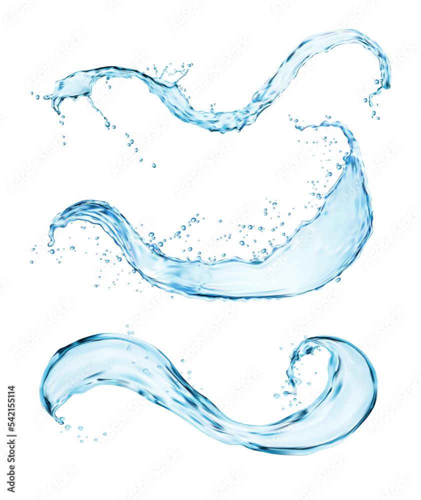 Realistic water splash set with drops. Vector liquid wave flow ...