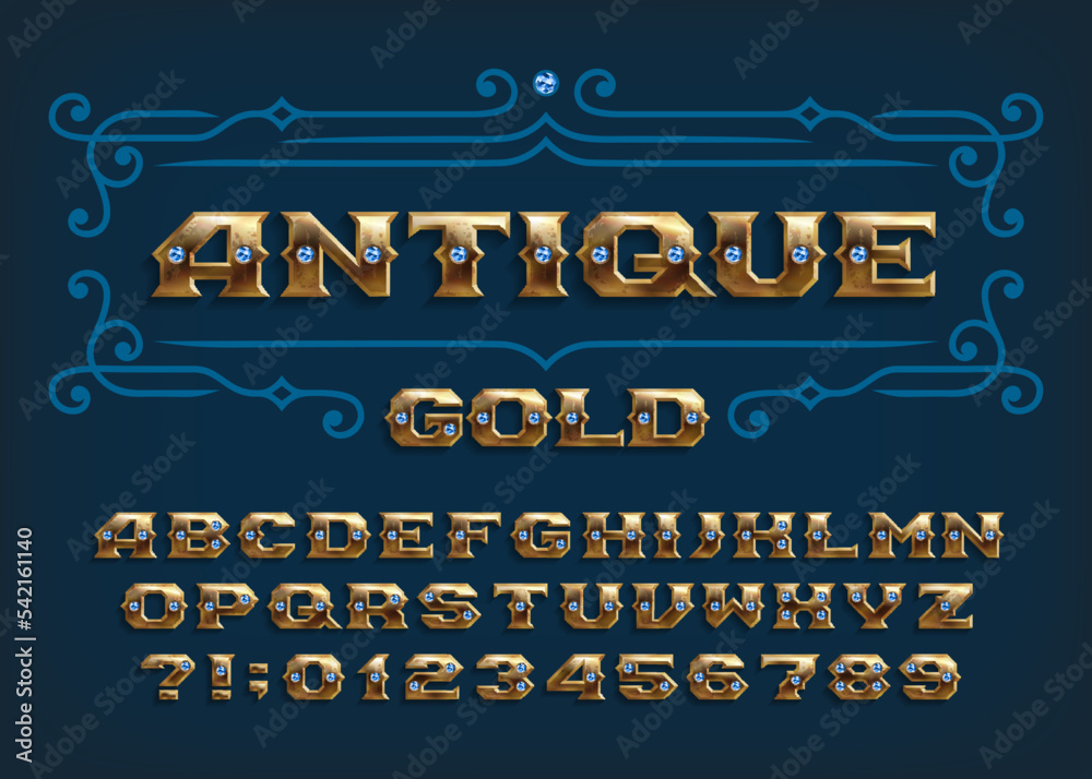 Antique Gold alphabet font. Golden letters and numbers inlaid blue ...