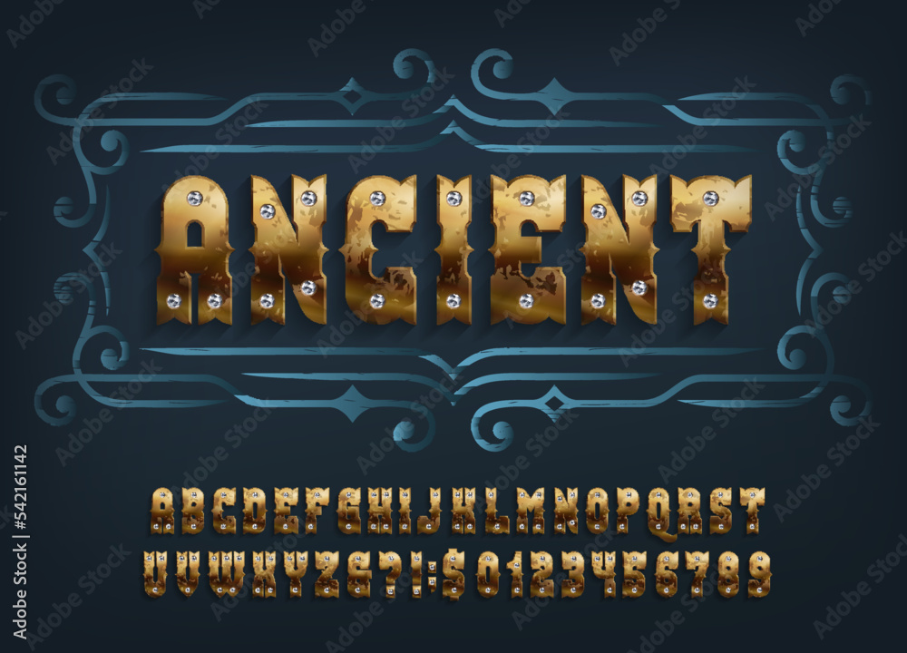 Ancient alphabet font. Gold letters and numbers inlaid gemstones. Stock ...