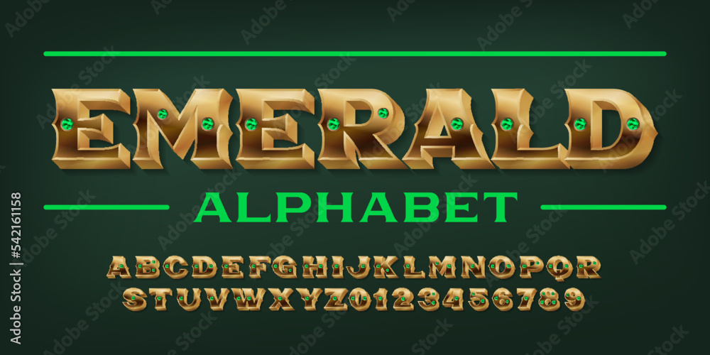 Emerald alphabet font. Golden letters and numbers inlaid green ...