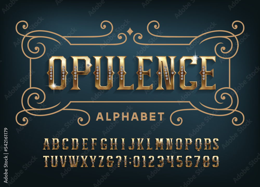 Opulence alphabet font. Gold letters and numbers with gemstones. Stock ...