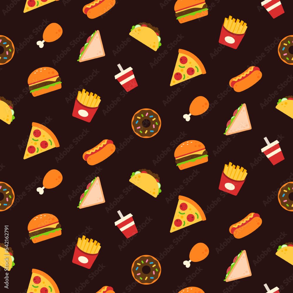 Fast food menu concept seamless pattern. Hamburger, fried chicken, hot dog, soft drink, pizza ...