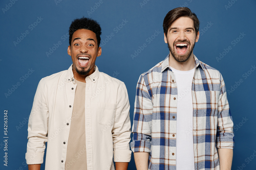 Young two friends shocked surprised happy excited men wear white casual ...