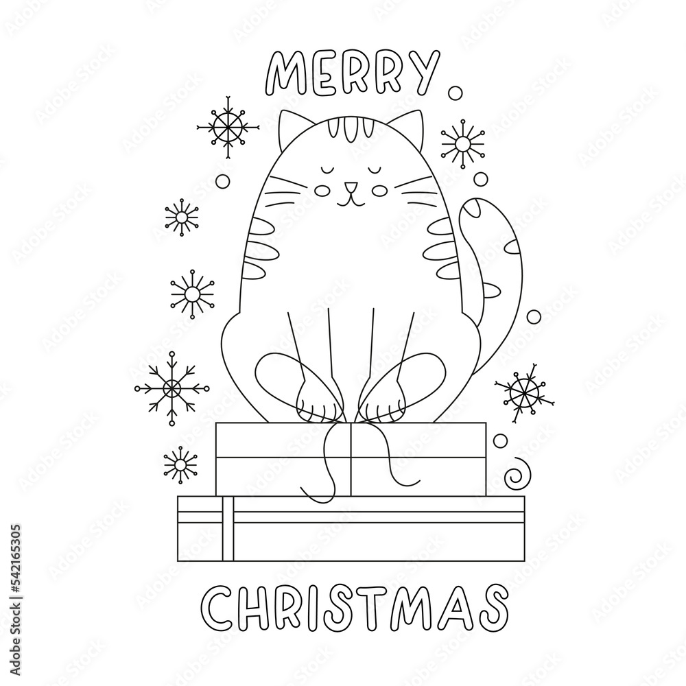 Christmas cat coloring page for children and adults. Black and white ...