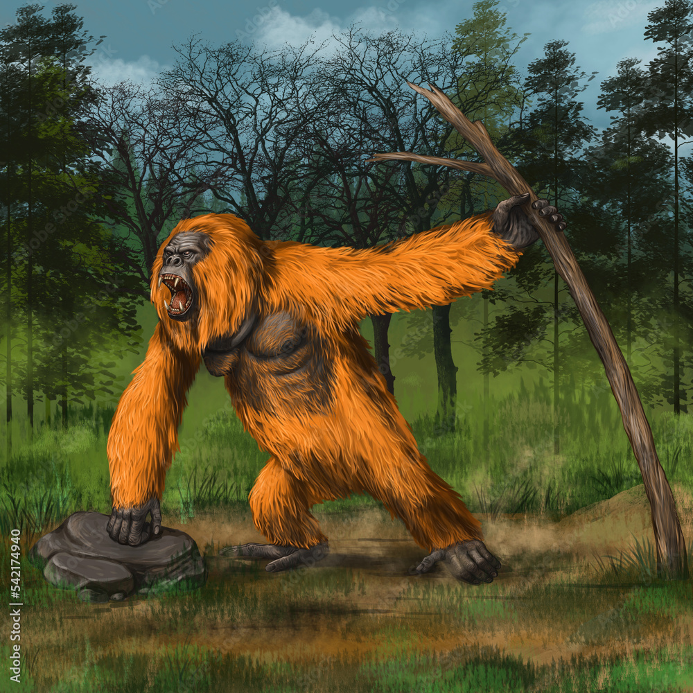Stockillustratie Prehistoric primates gigantopithecus in nature. Giant ...