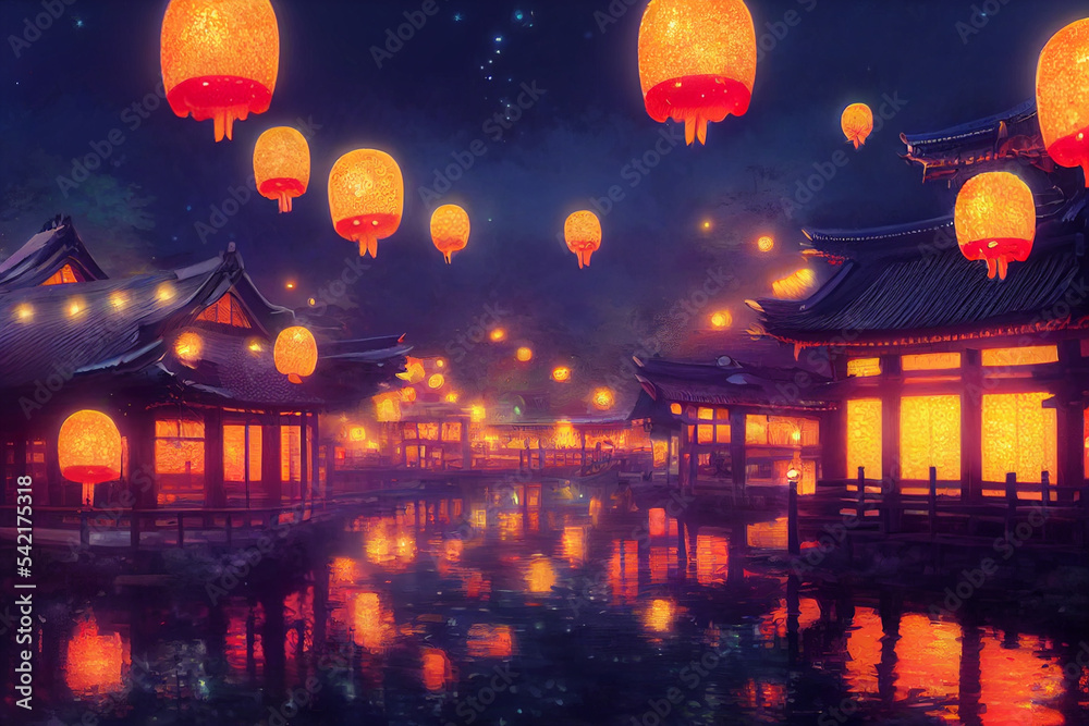 lanterns template at night Japanese style digital illustration. Stock ...