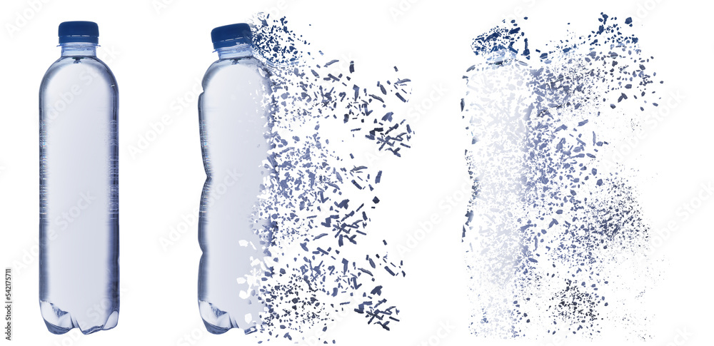 Set with bottles of water vanishing on white background. Decomposition ...