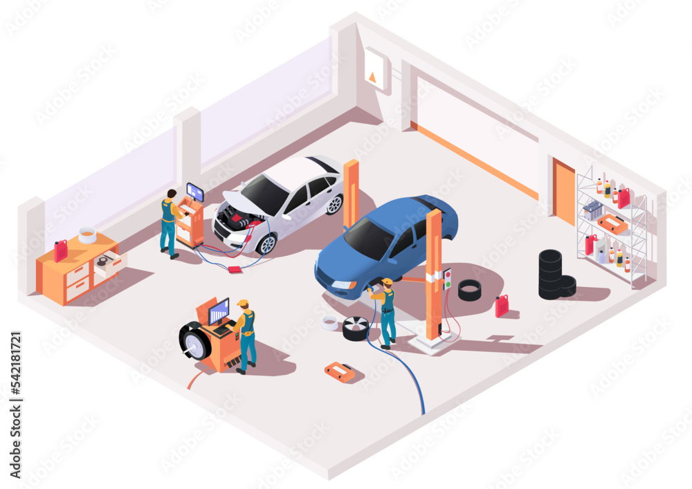 Car repair station with mechanics workers. Isometric view interior of ...