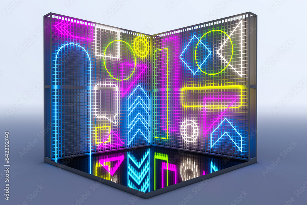 3d illustration photo booth neon flex lighted colorful with stage level ...